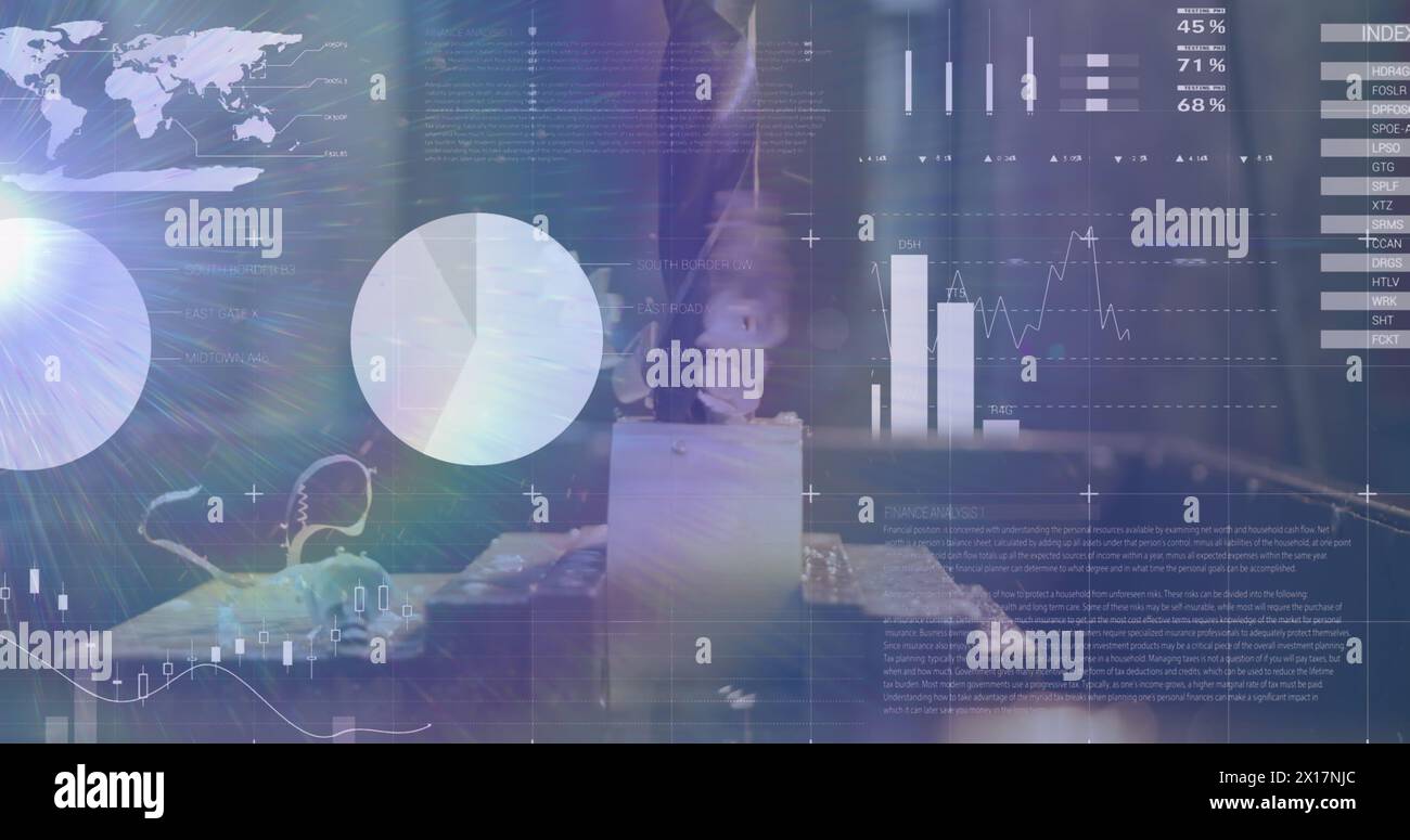 Image of multiple graphs, map and data moving over equipment recycling ...