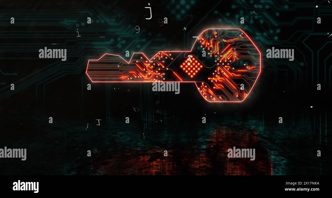 Image of key with integrated circuit and digital padlock on black ...