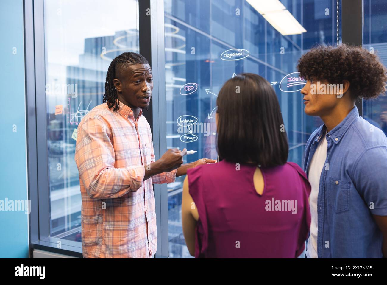 African American man explaining ideas to Asian woman and biracial man ...
