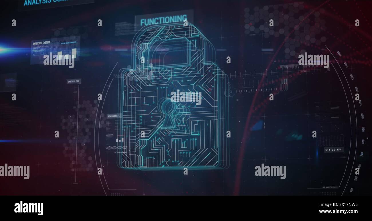 Image Of Padlock With Circuit Board Pattern And Bar Graph With Red