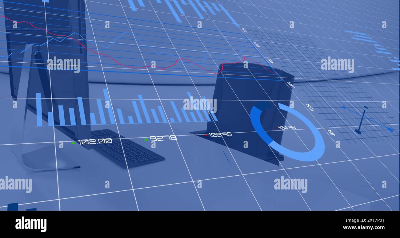 Image of statistical data processing against close up of a desk at office Stock Photo - Alamy