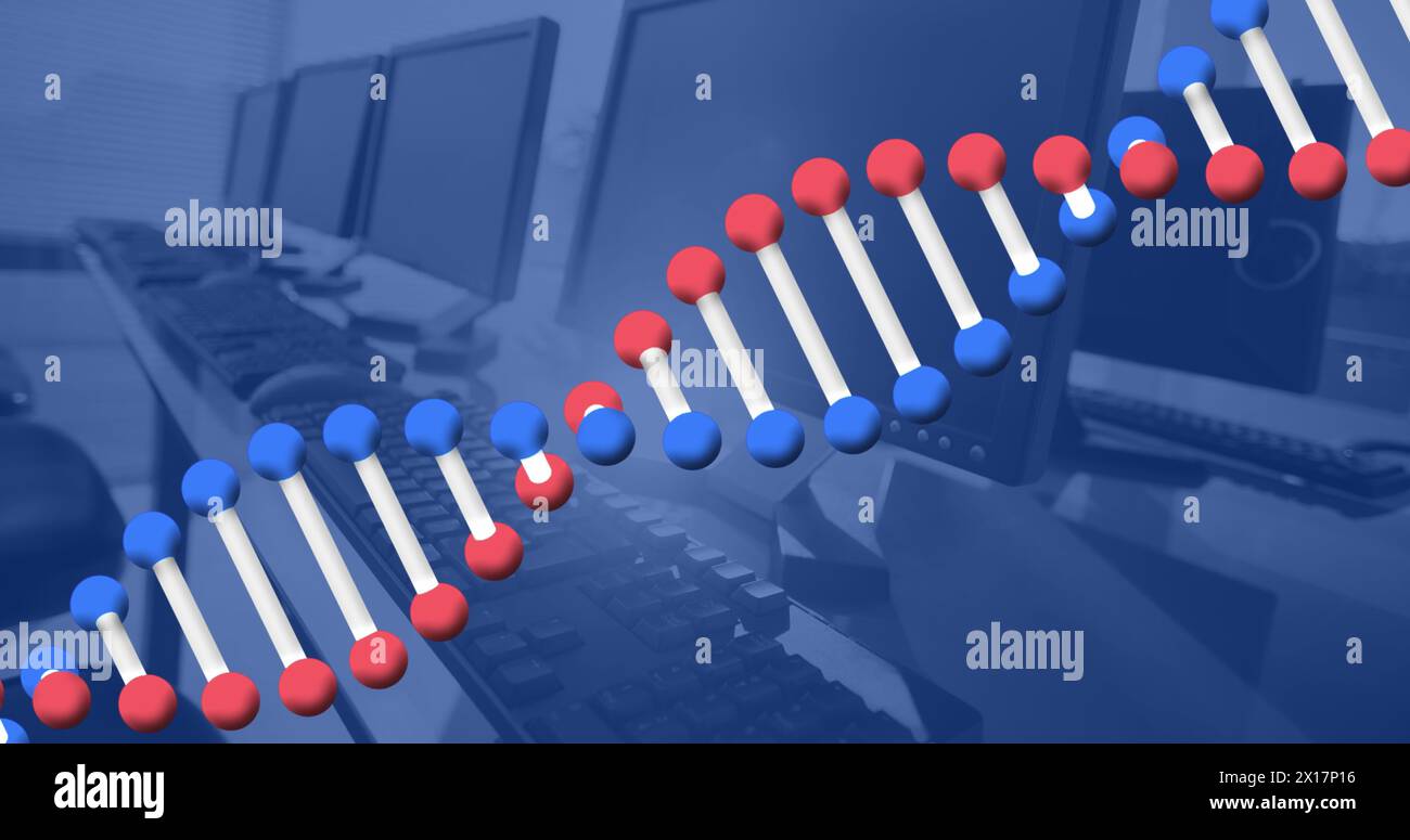 Image of dna structure spinning over close up of desks at office Stock ...