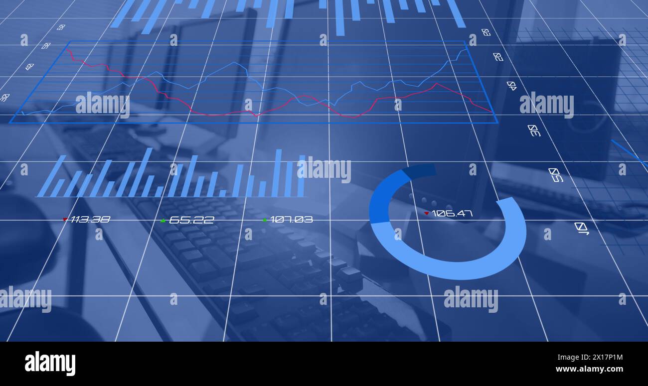 Image of statistical data processing against close up of desks at ...
