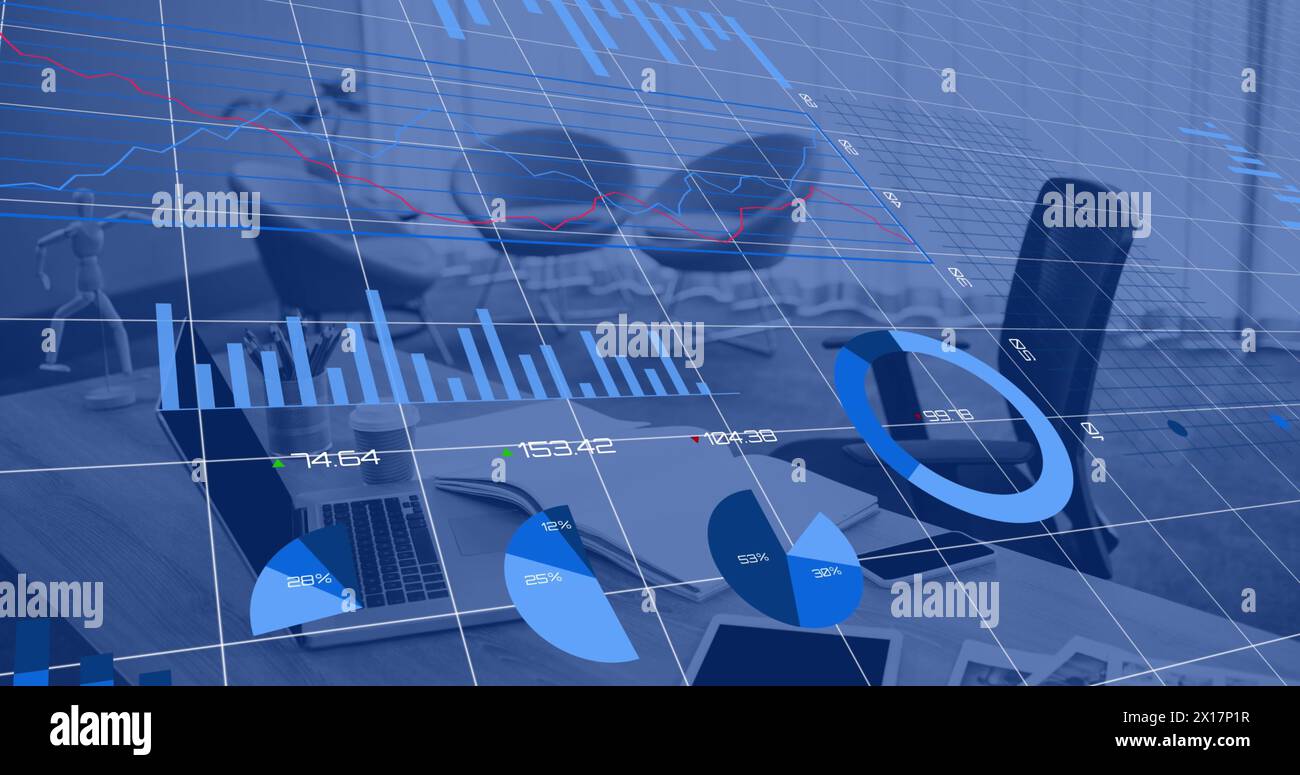 Image of statistical data processing against close up of a desk at ...