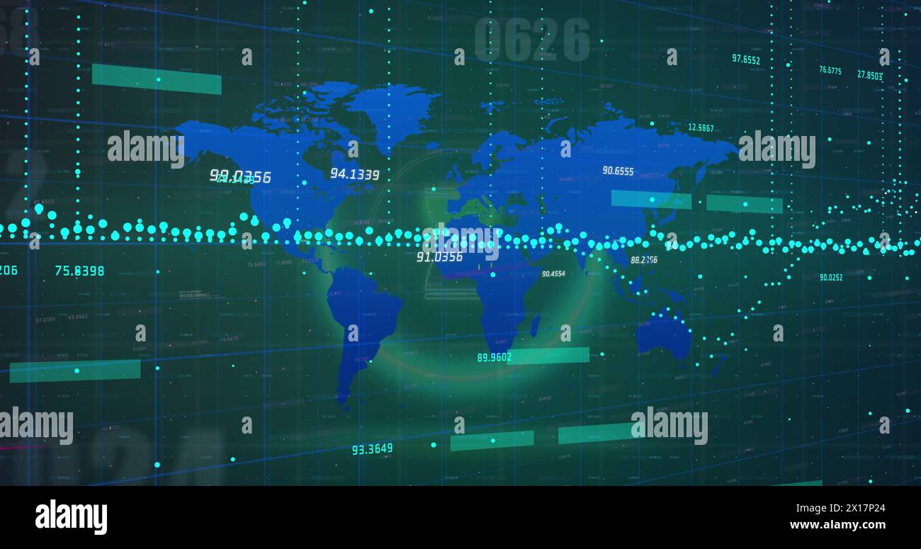 Image of data processing over world map on black background Stock Photo ...