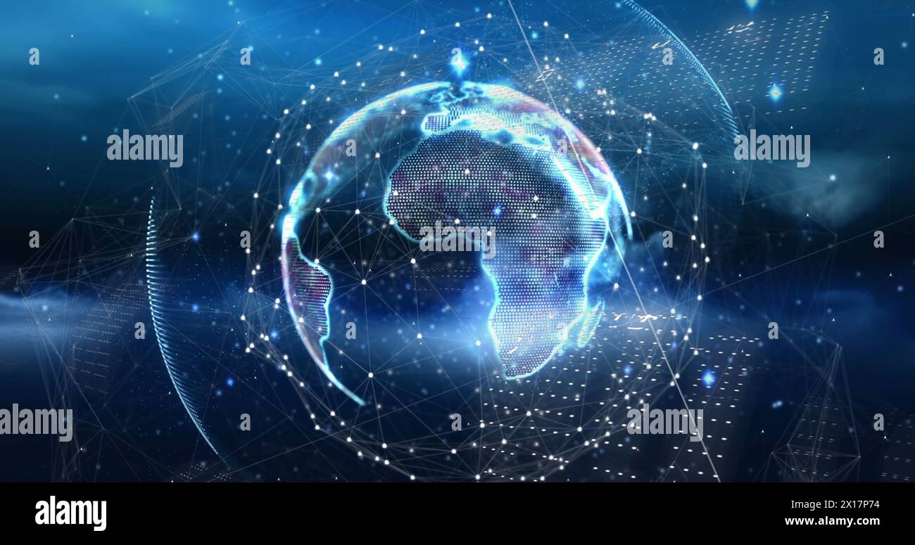 Image of binary coding and light trails over spinning globe against blue background Stock Photo ...