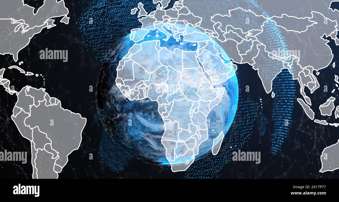 Image of world map over spinning globe and network of connections on ...