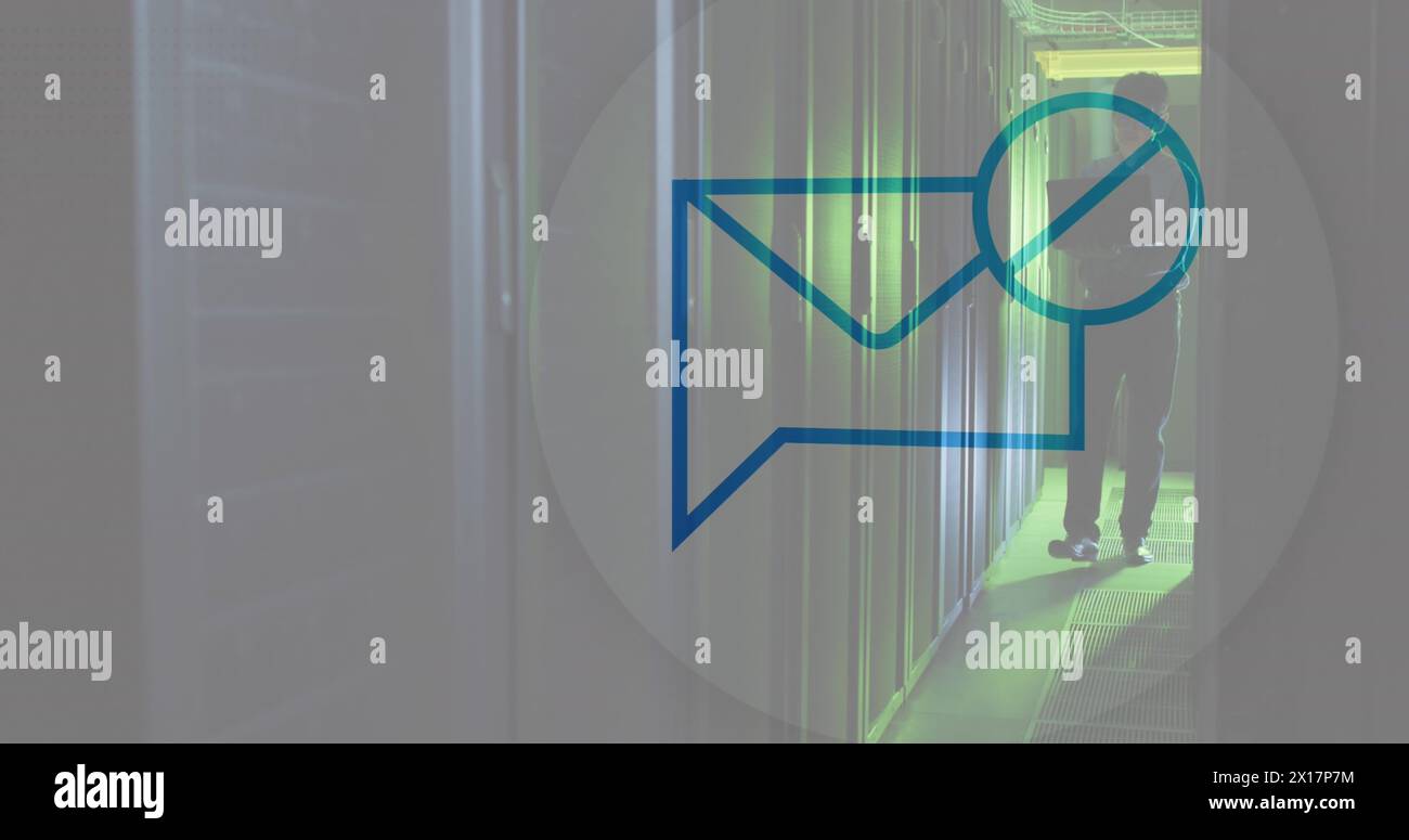 Image message block icon against asian male engineer using laptop at ...