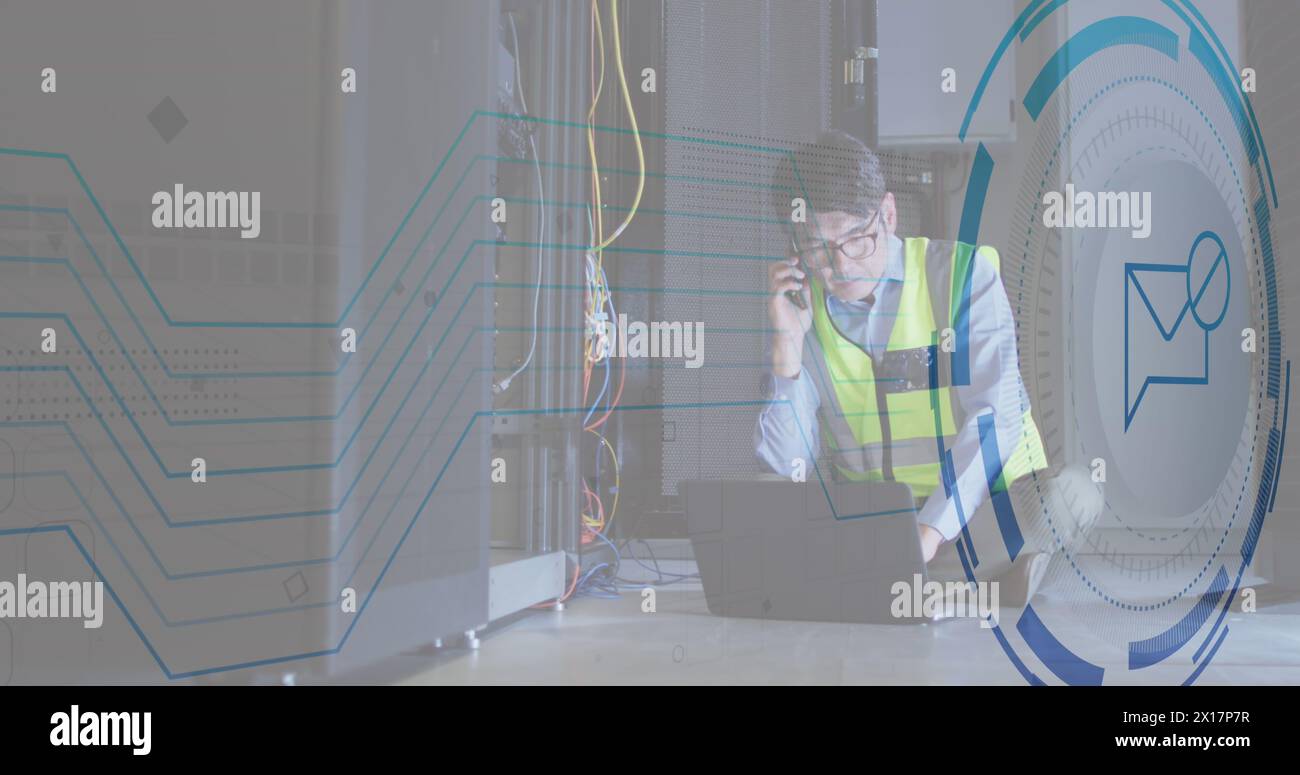 Image of message block icon over talking on smartphone at server room ...