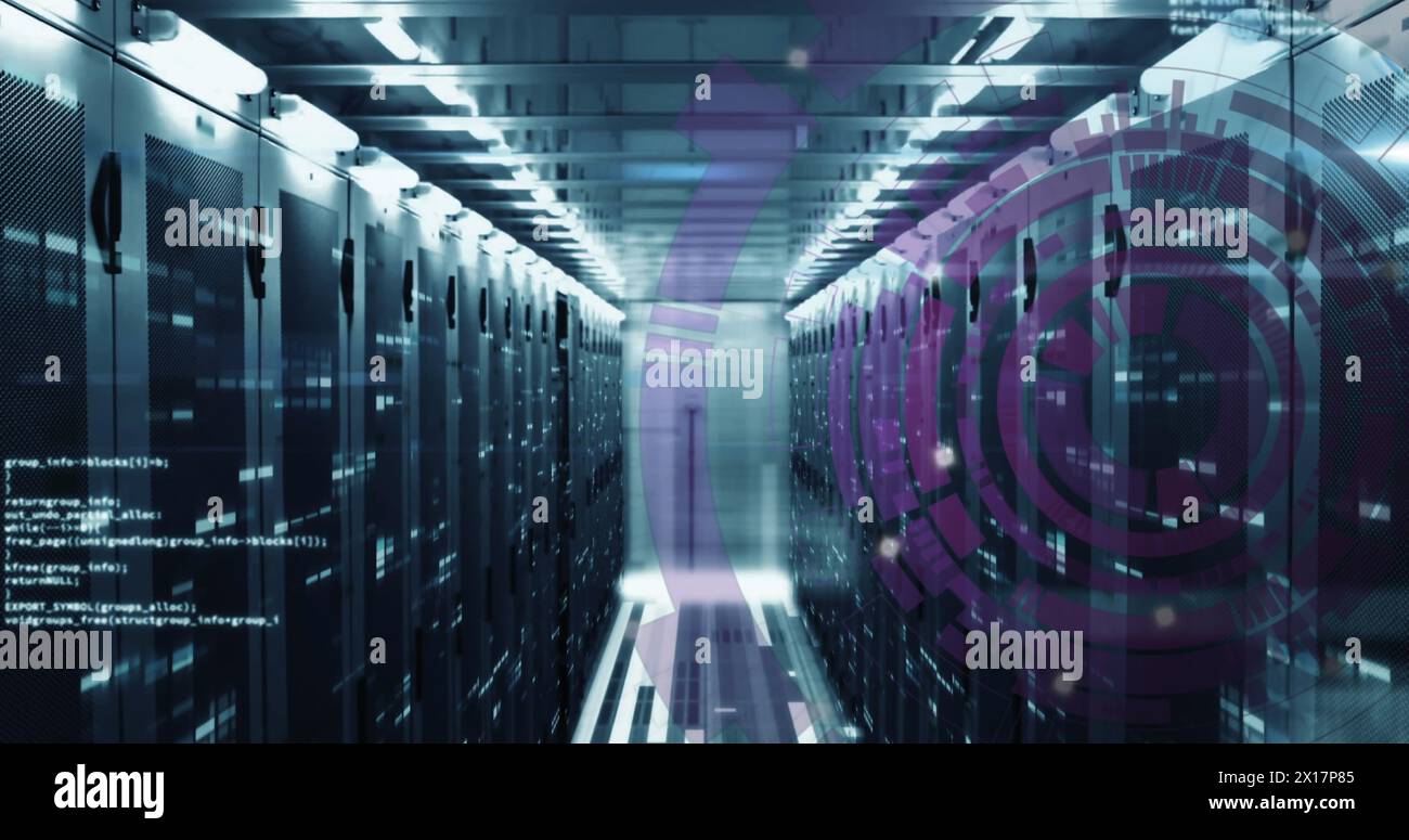 Image Of Loading Circles And Computer Language Over Server Room Stock