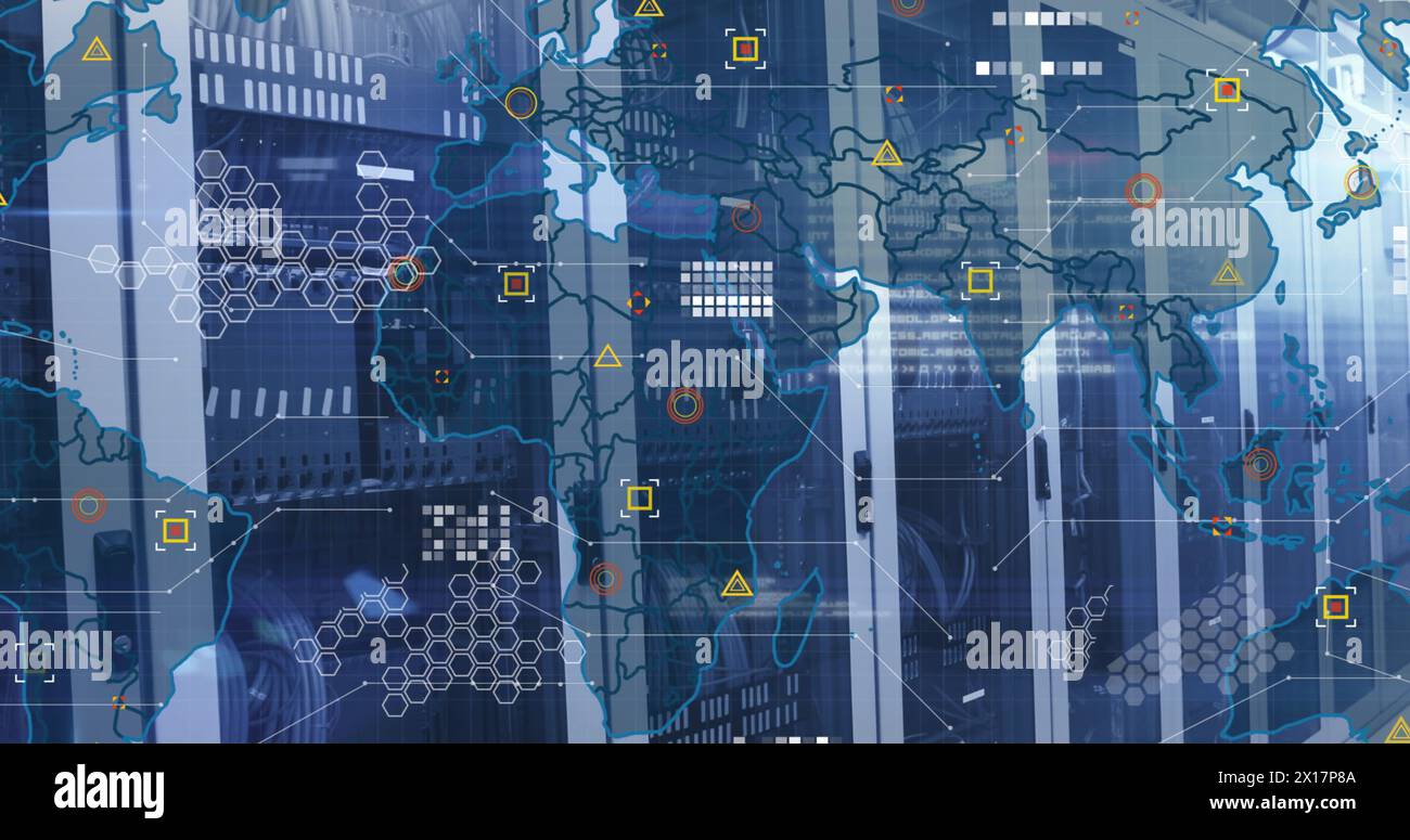 Image of map and circuit board pattern over lens flares on server racks in server room Stock ...