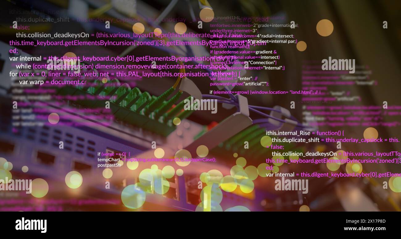 Image of computer language and lens flares over wires connected to ...