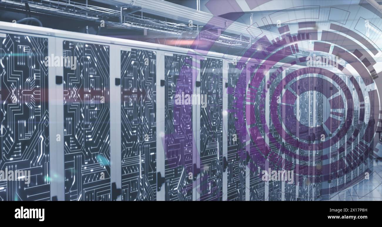 Image of loading circles over circuit board pattern on server racks in server room Stock Photo ...