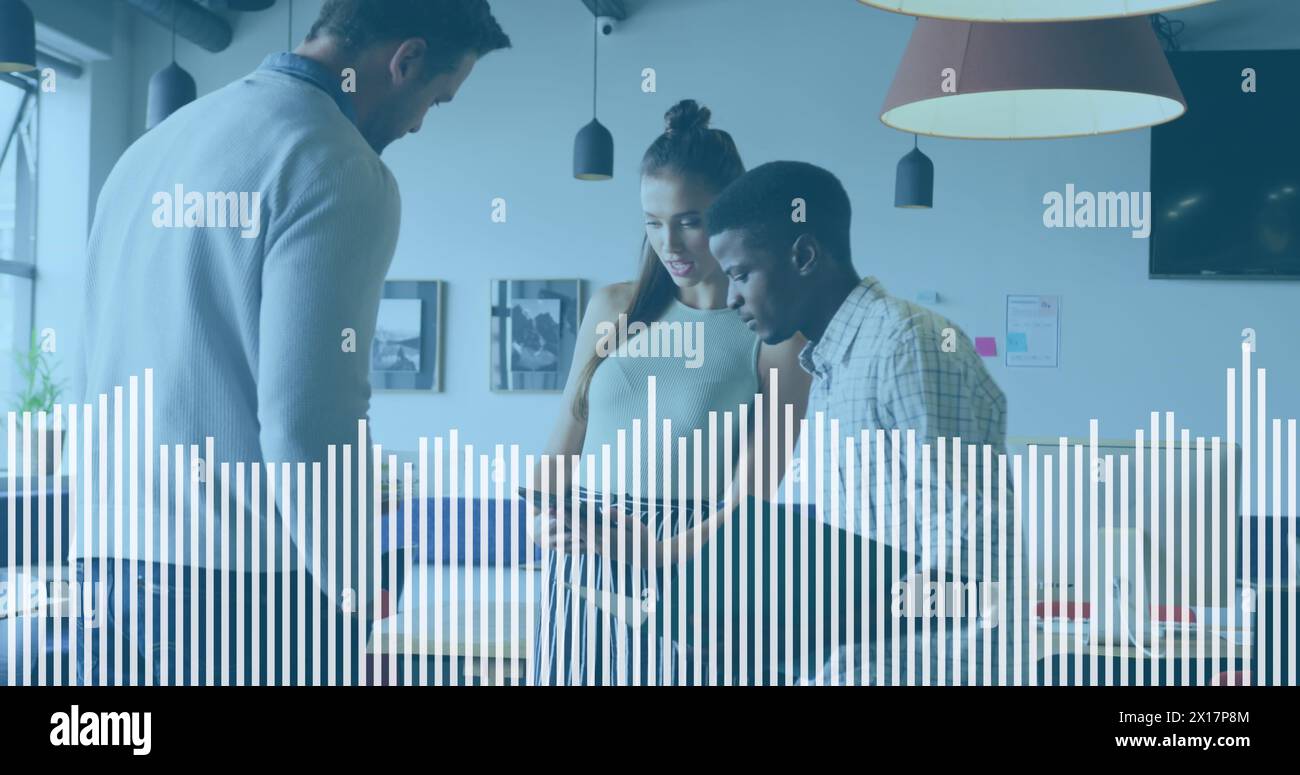 Image of bar graph moving over diverse colleagues with tablet ...
