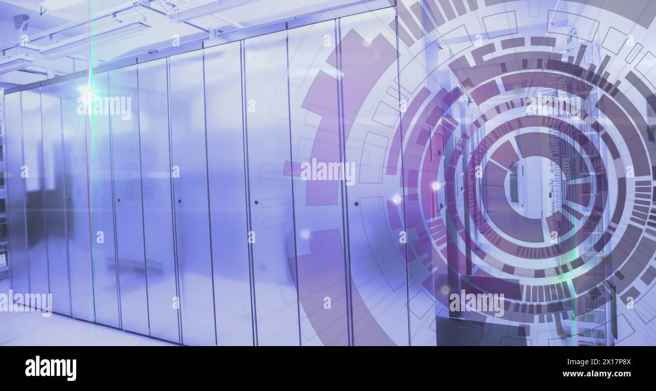 Image of lens flares and loading circles over server racks in server room Stock Photo - Alamy