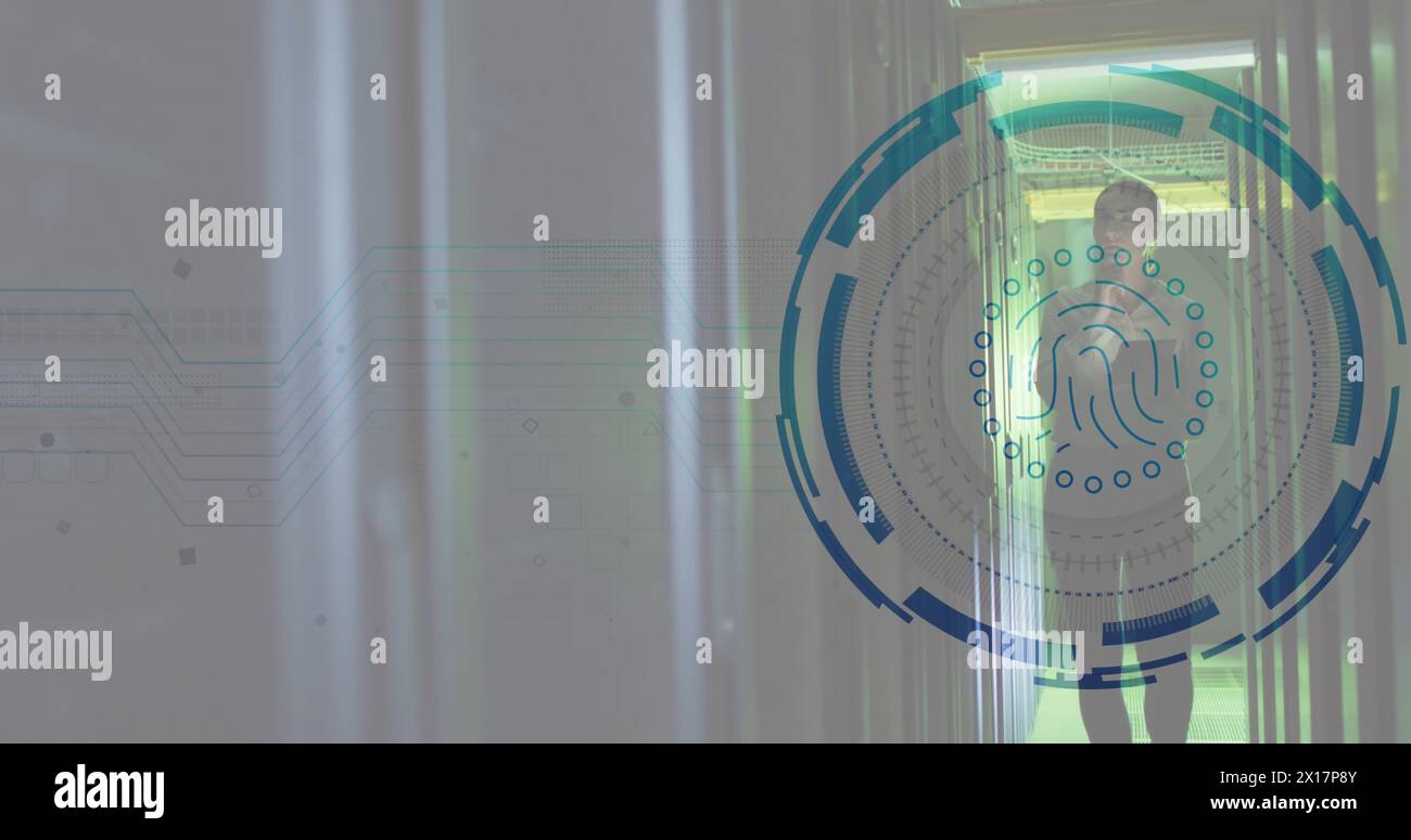 Image of fingerprint scanner over caucasian female engineer using ...