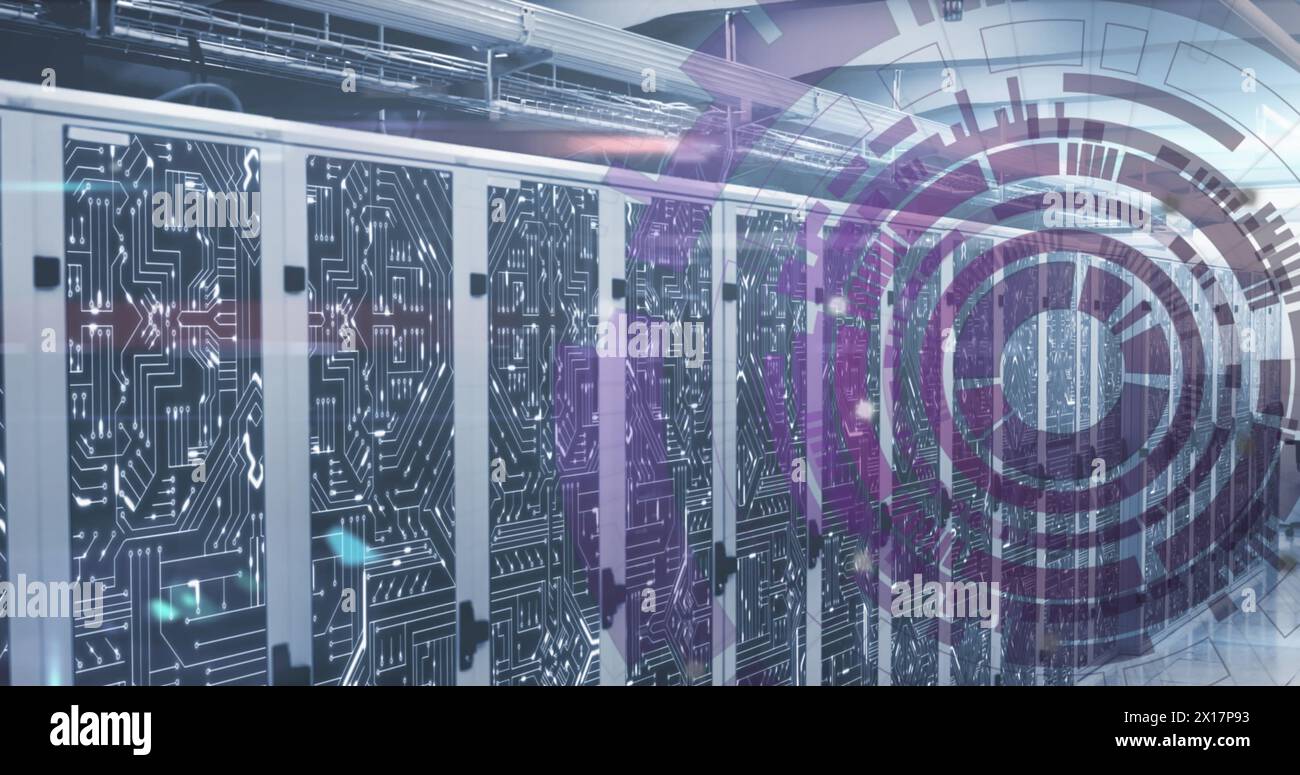 Image of loading circles over circuit board pattern on server racks in server room Stock Photo ...