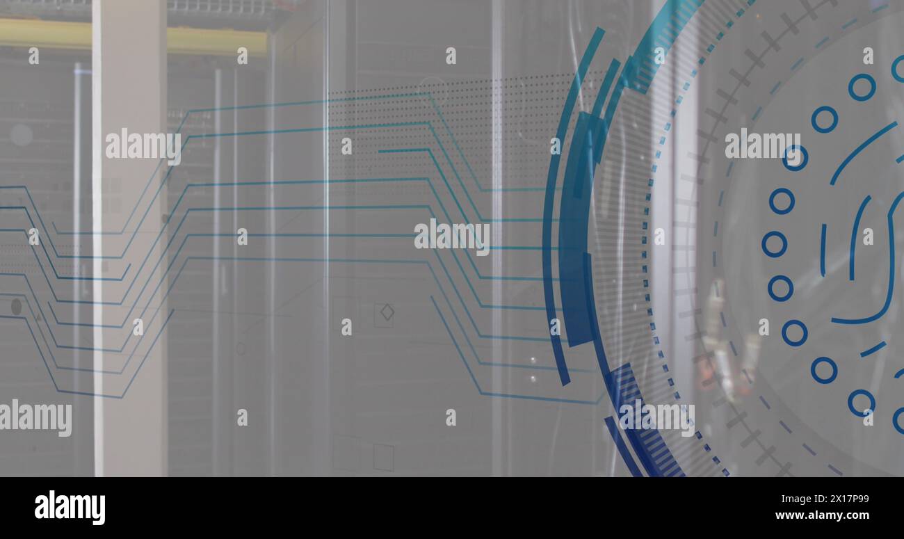 Image of biometric fingerprint round scanner against computer server ...
