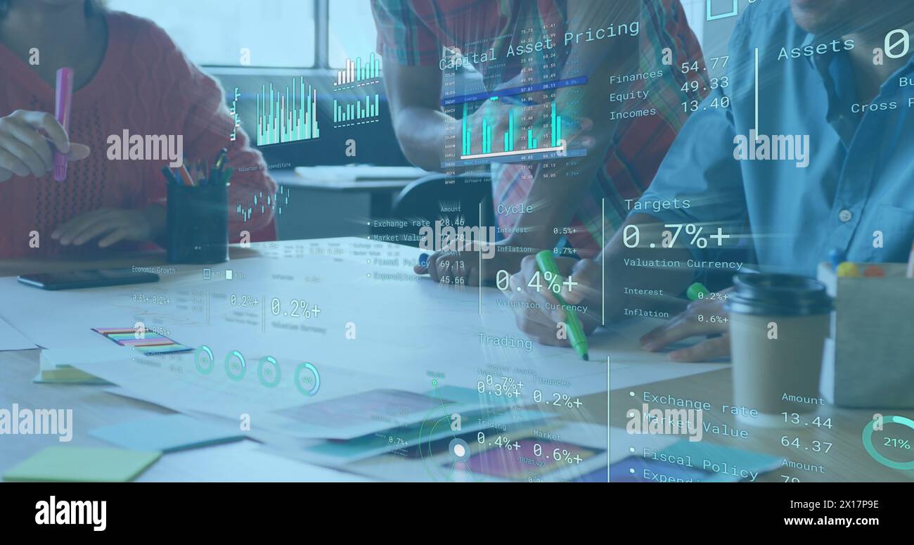 Image of digital business data moving over diverse colleagues analyzing ...