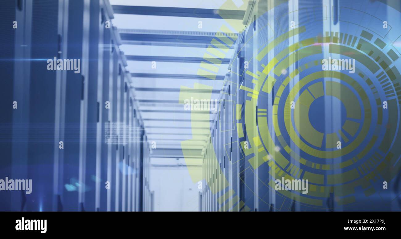 Image of loading circles and computer language over server racks in server room Stock Photo - Alamy