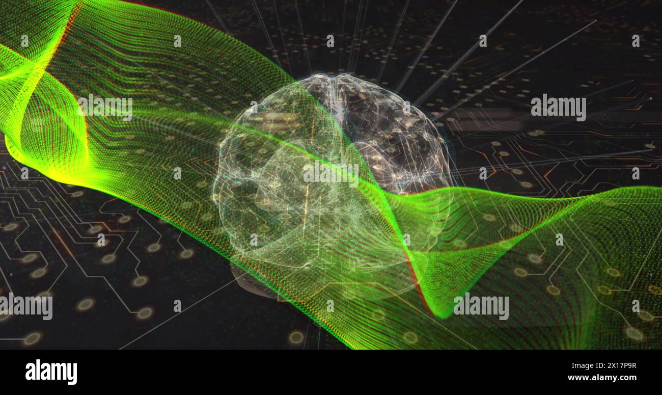 Image Of Green Digital Wave Over Spinning Human Brain Against Microprocessor Connections Stock