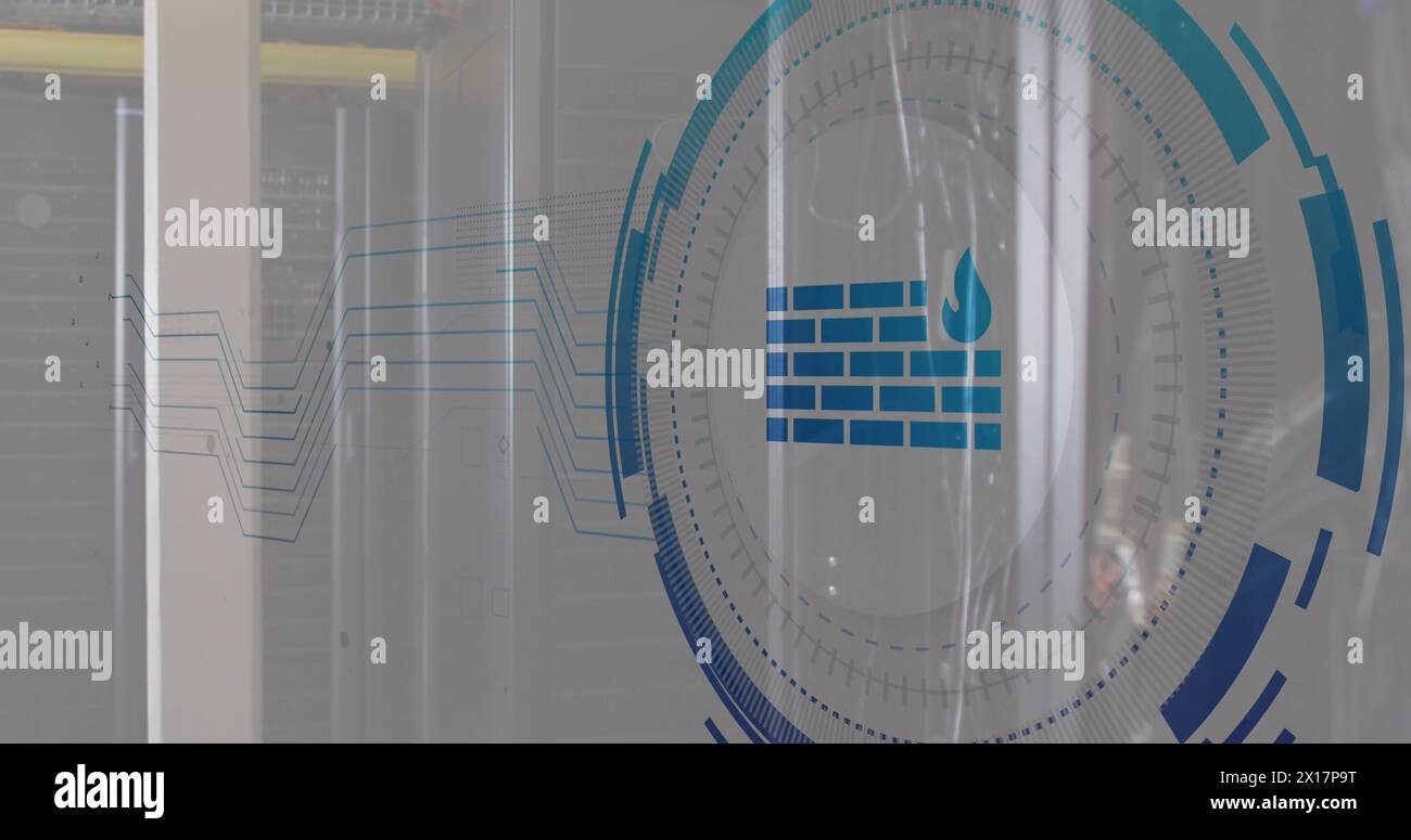 Image of firewall icon over round scanner against computer server room Stock Photo - Alamy