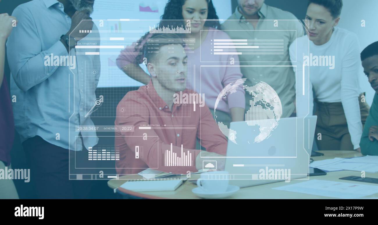 Image of loading bars, globe, graph over diverse manager explaining ...