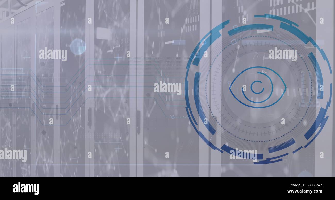 Image of eye retina scanner and network of connections against computer server room Stock Photo ...