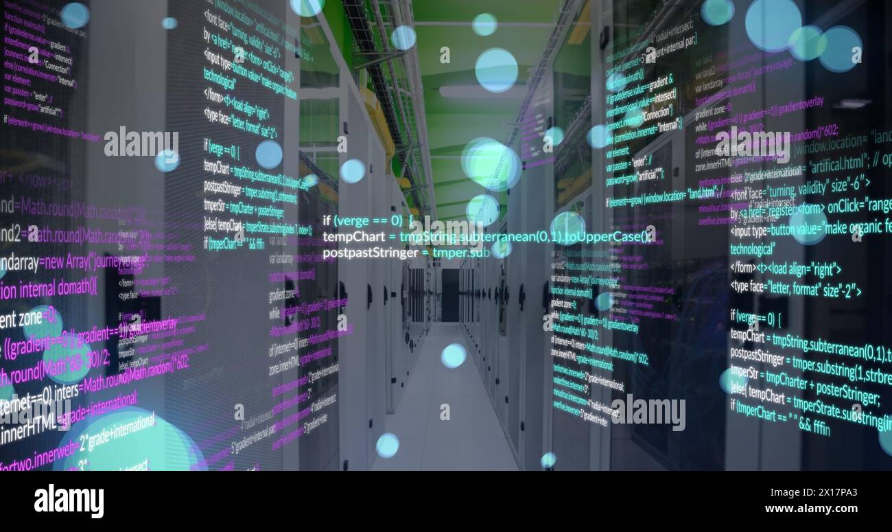 Image of falling lens flares and computer language over server room ...