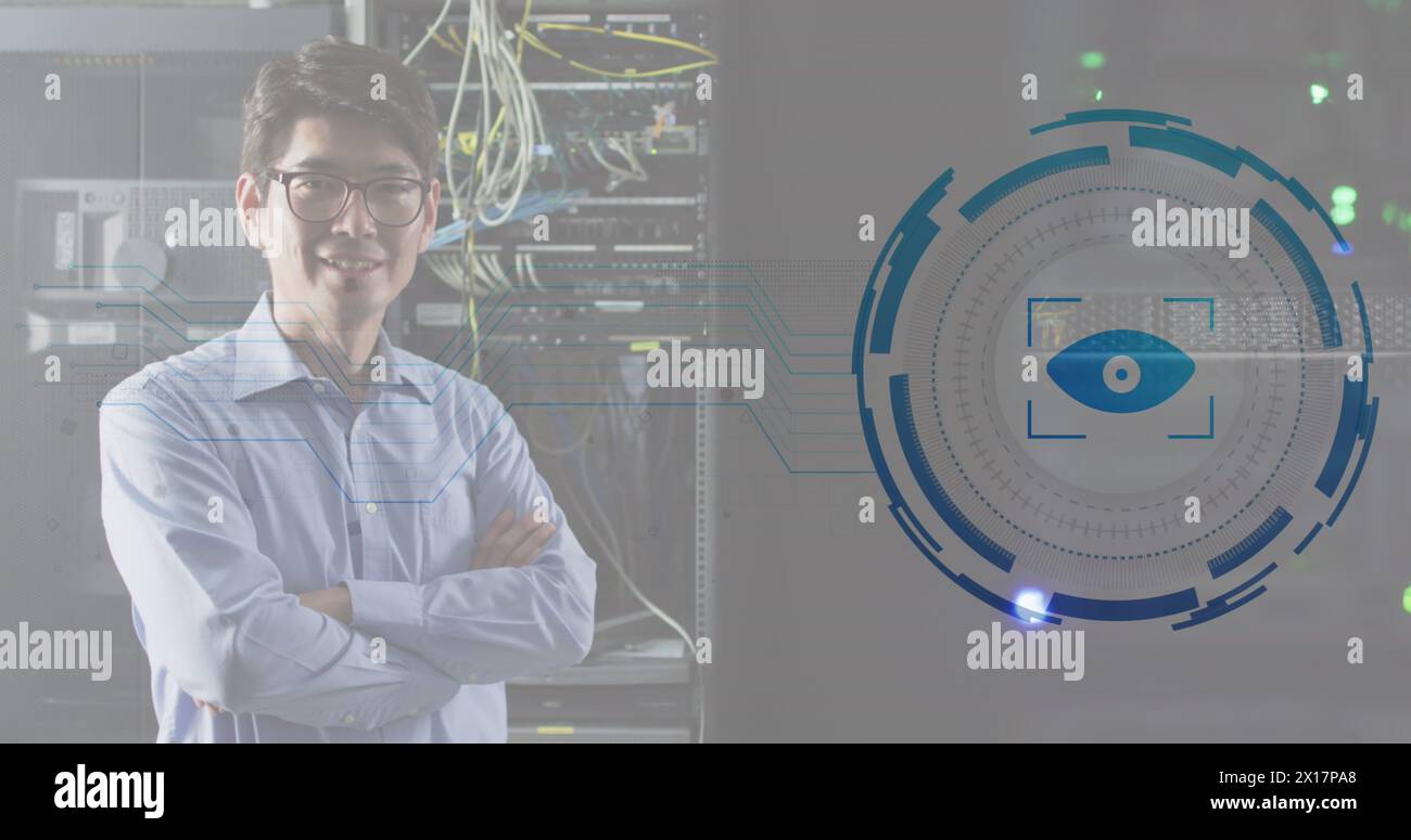 Image retina round scanner against asian male engineer smiling at ...