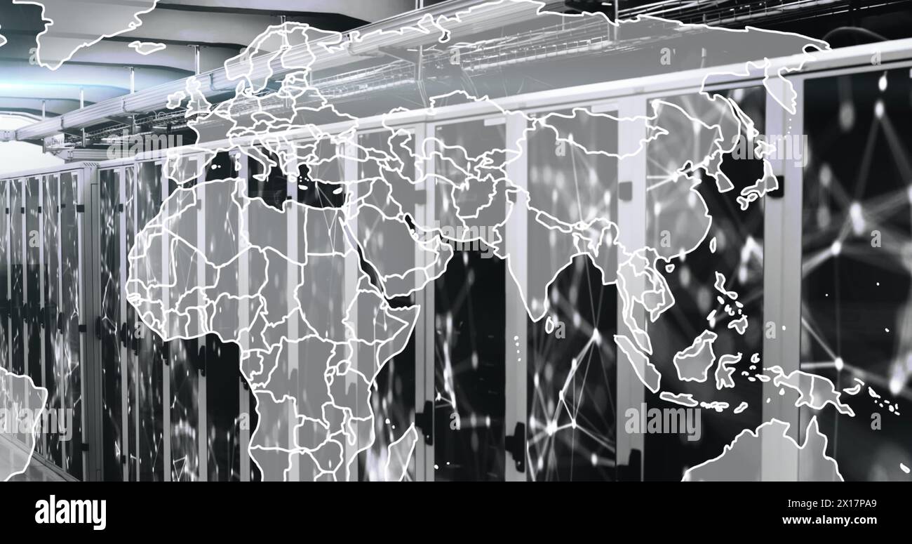 Image of map over connected dots on server racks of server room Stock ...