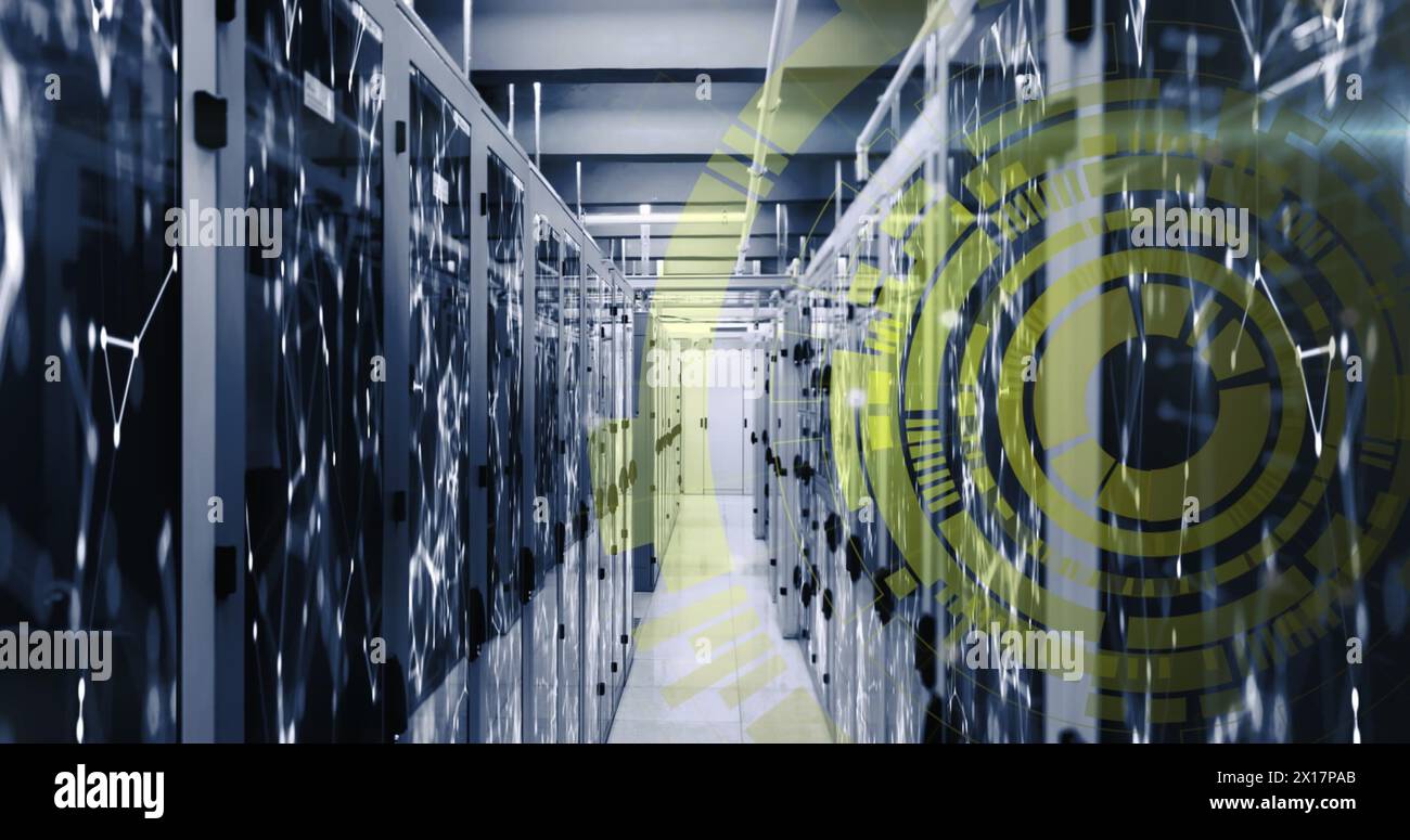 Image of loading circles and connected dots on server racks of server room Stock Photo - Alamy