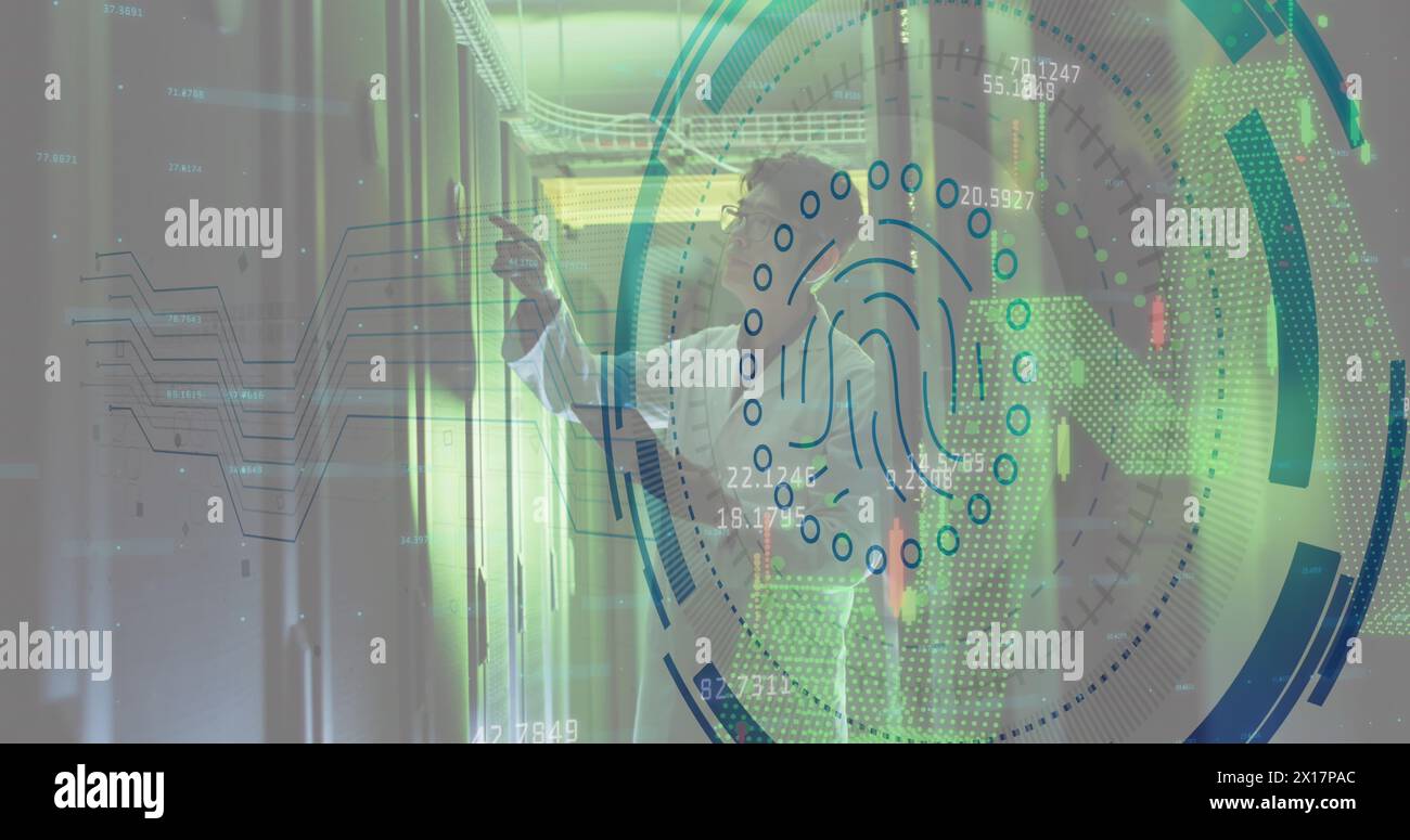 Image of fingerprint scanner over asian male engineer using tablet ...