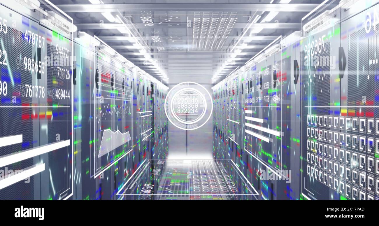 Image of changing numbers in loading circles, graphs over multicolored bars on server racks ...