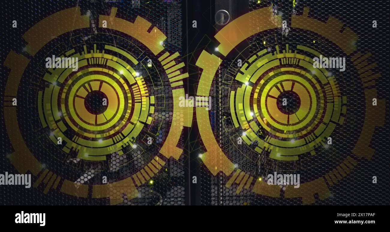 Image of two round scanners spinning against computer server room Stock ...