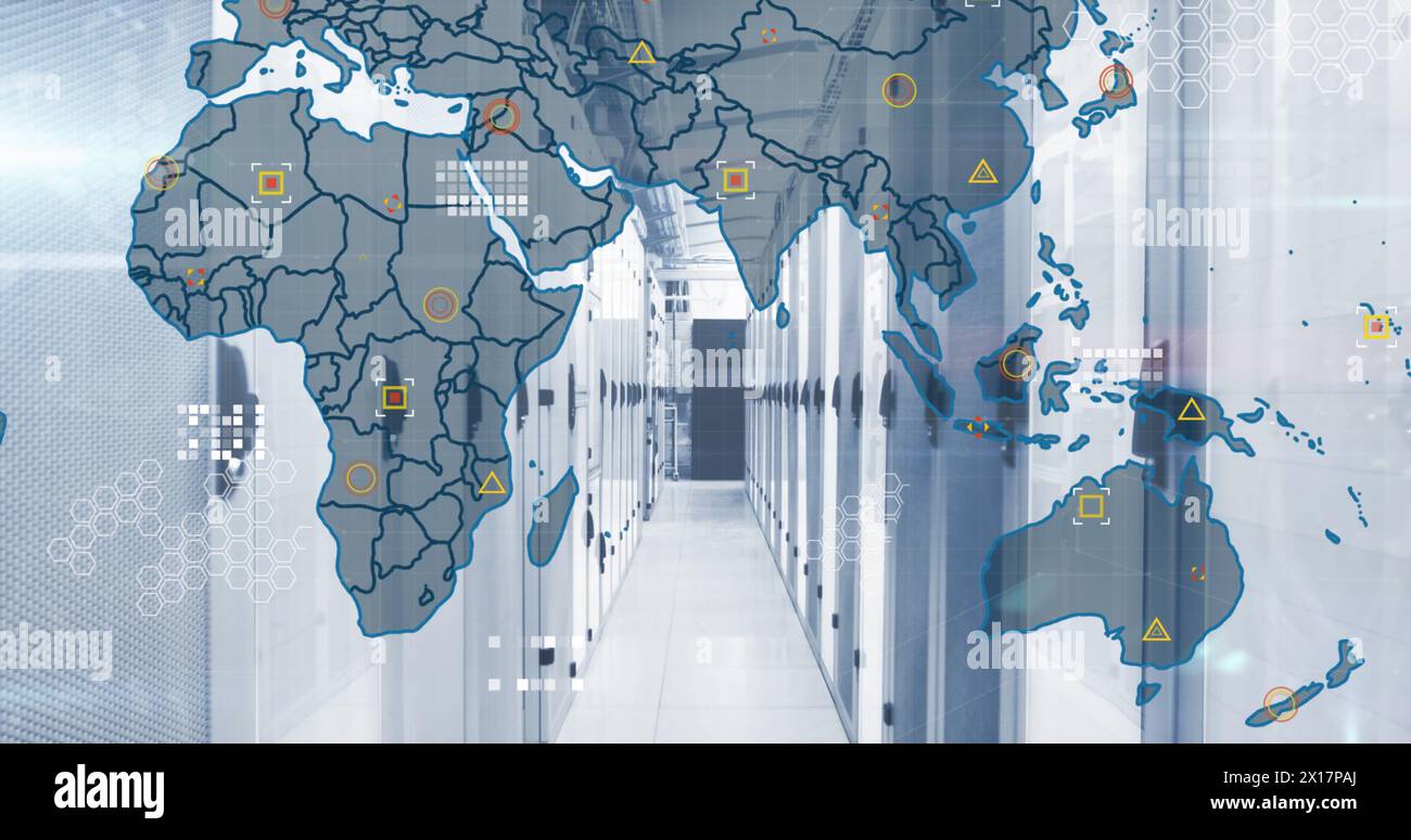 Image of circuit board pattern and map over server room in background ...