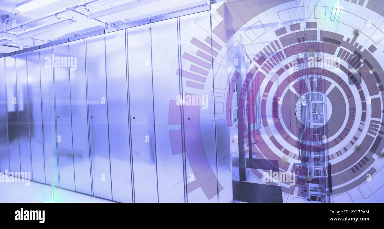 Image of lens flares and loading circles over server racks in server room Stock Photo - Alamy