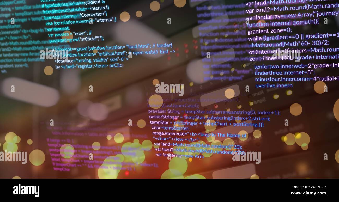 Image of computer language and falling lens flares over multiple modems ...