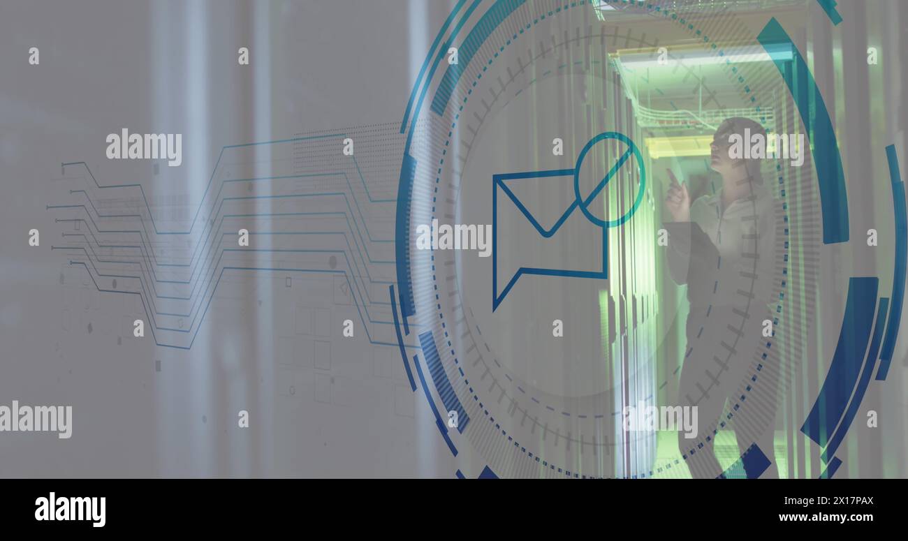 Image of message block icon over caucasian female engineer using ...