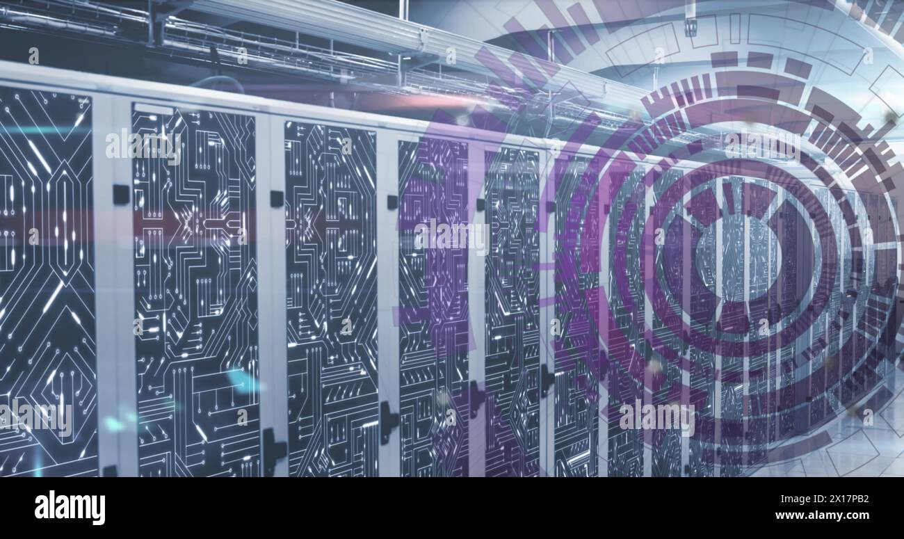 Image of loading circles over circuit board pattern on server racks in server room Stock Photo ...