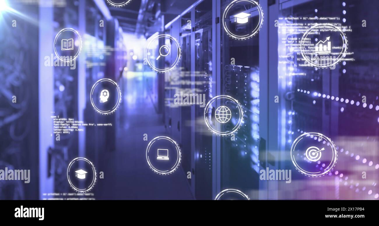 Image of data processing, light spot and multiple digital icons falling against server room ...