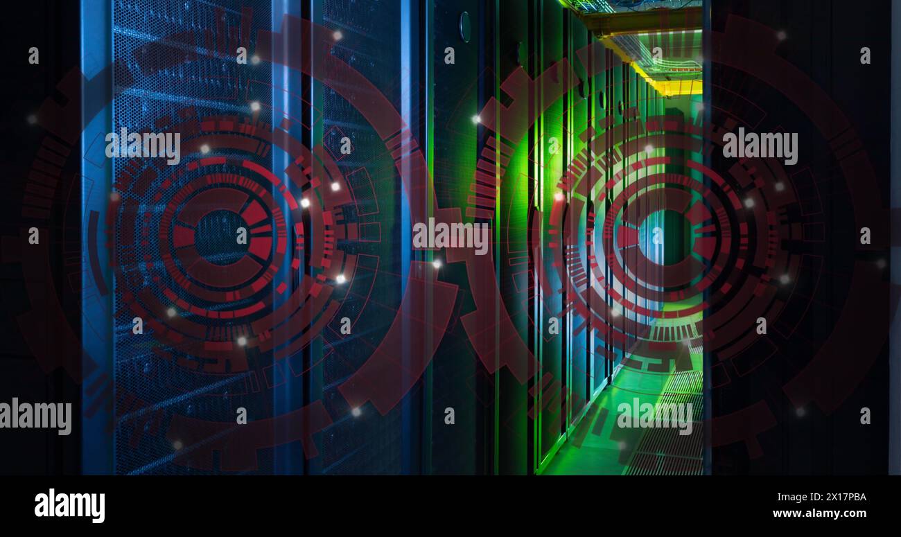 Image of two round scanners spinning against computer server room Stock Photo - Alamy