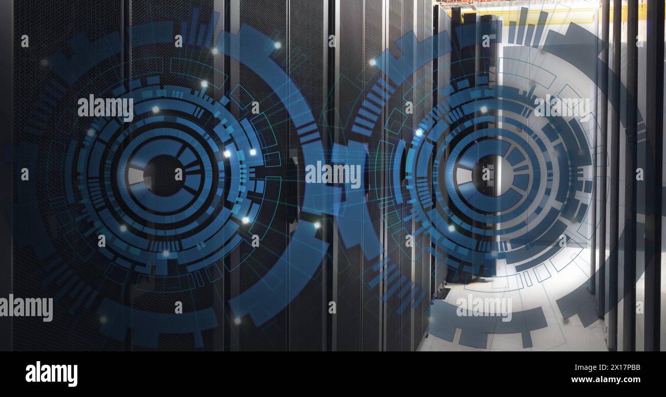 Image of two round scanners spinning against computer server room Stock ...