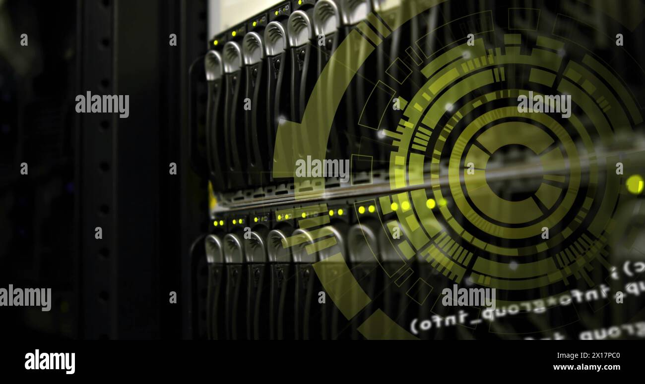 Image of spinning round scanner and data processing against close up of a computer server Stock ...
