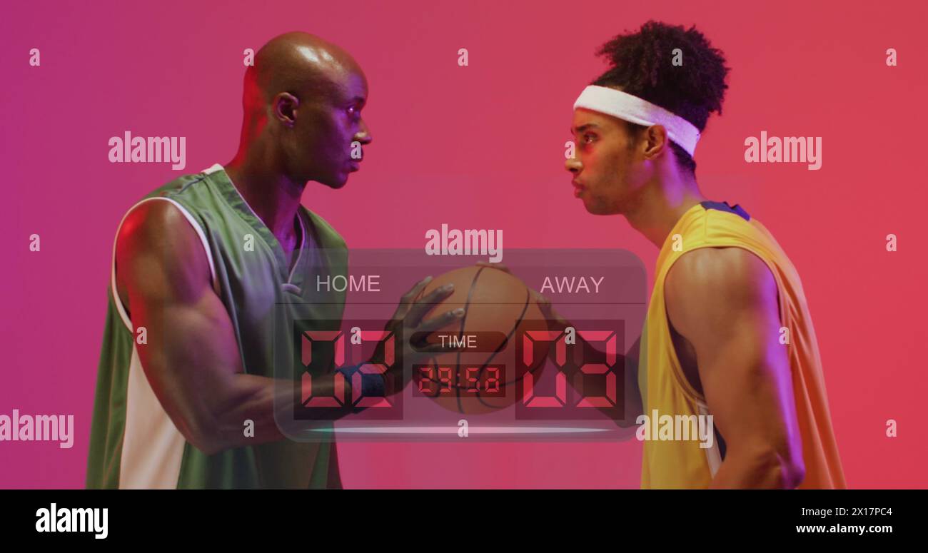 Image of match scoreboard over african american male basketball ...