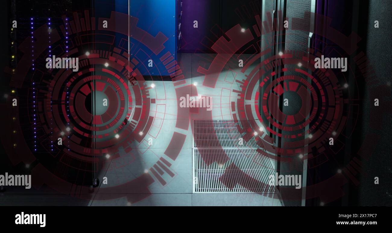 Image of two round scanners spinning against computer server room Stock ...