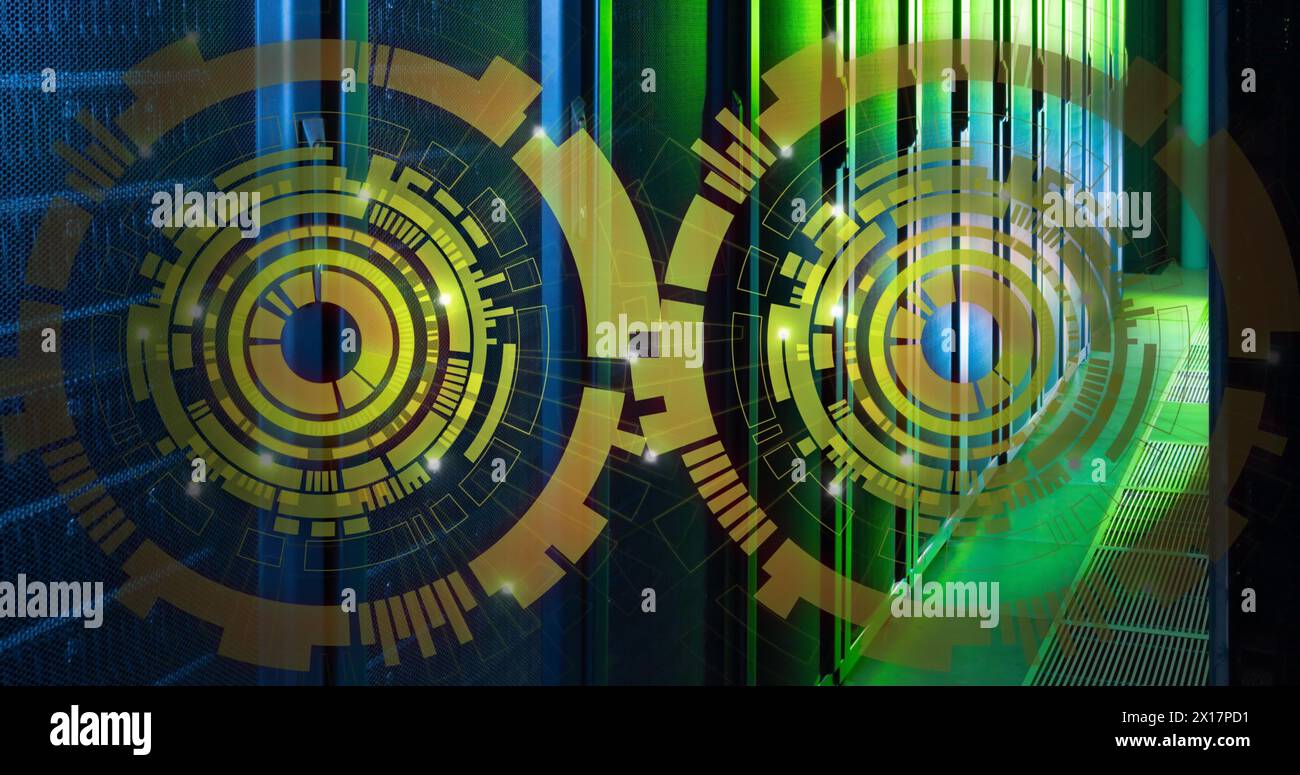 Image of two round scanners spinning against computer server room Stock ...