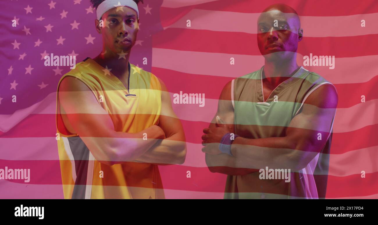 Image of american flag over african american male basketball opponent ...