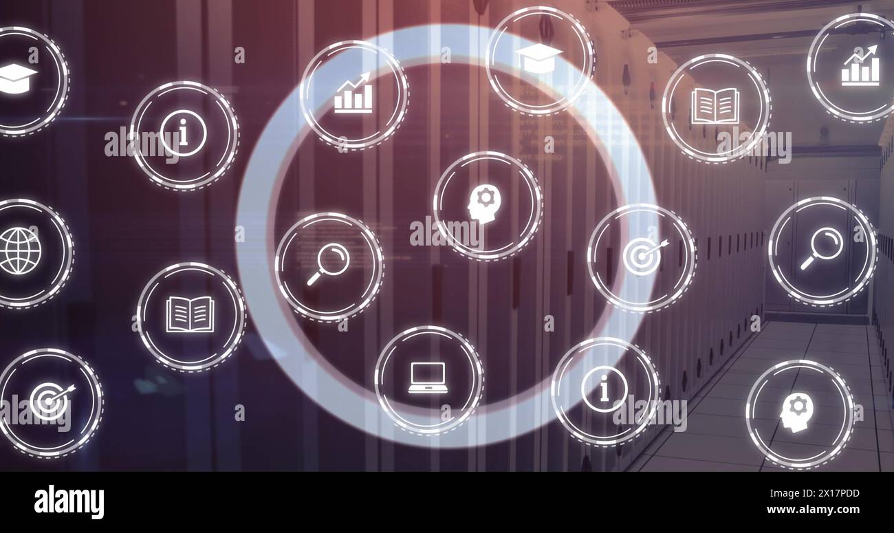 Image of multiple digital icons and round shape in seamless pattern against computer server room ...