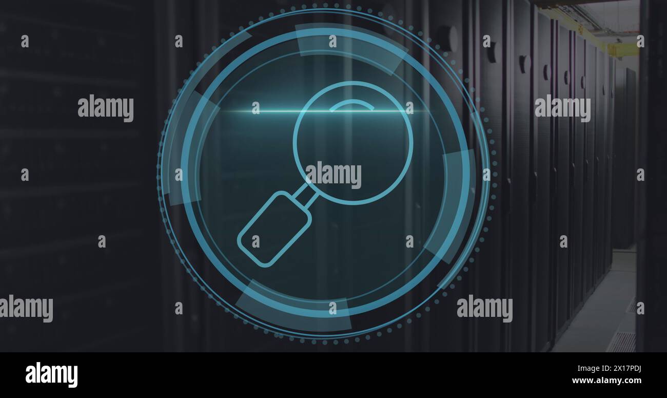 Image of cyber security text and magnifying glass scanning against computer server room Stock ...